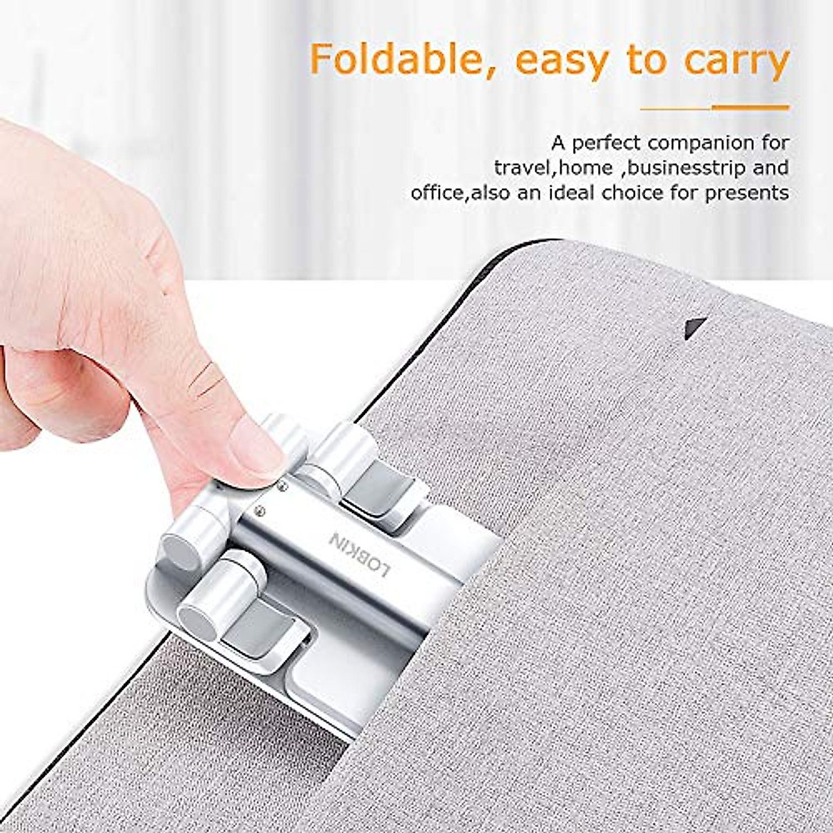 LOBKIN Phone Stand for Desk, Foldable Portable Adjustable Tablet Cell Phone Holder Charging Dock Cellphone Holder Office, Sturdy Mobile Stand Hand Metal Desktop iPhone Stand (White)