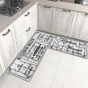 Farmhouse Kitchen Rugs Sets of 2, Personalized Kitchen Mats Cushioned Anti fatigue, Wooden Kitchen Rugs Non Slip Washable, White Kitchen Floor Mats for in Front of Sink, 18'' x 48'' + 18'' x 30''