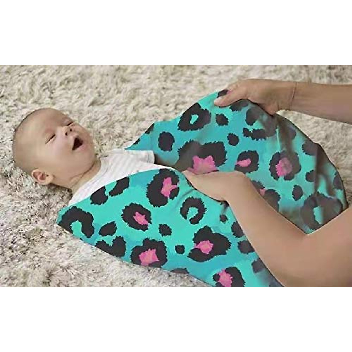 Wowlala Baby Blanket for Newborn- Receiving Blanket and Headband Set for Crib Stroller,Baby Shower Newborn Gift(Leopard Print Turquoises/hot Pink)