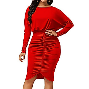 LYANER Women's Sexy Off Shoulder Ruched Elastic Waist Split Long Sleeve Bodycon Party Midi Dress Red Medium
