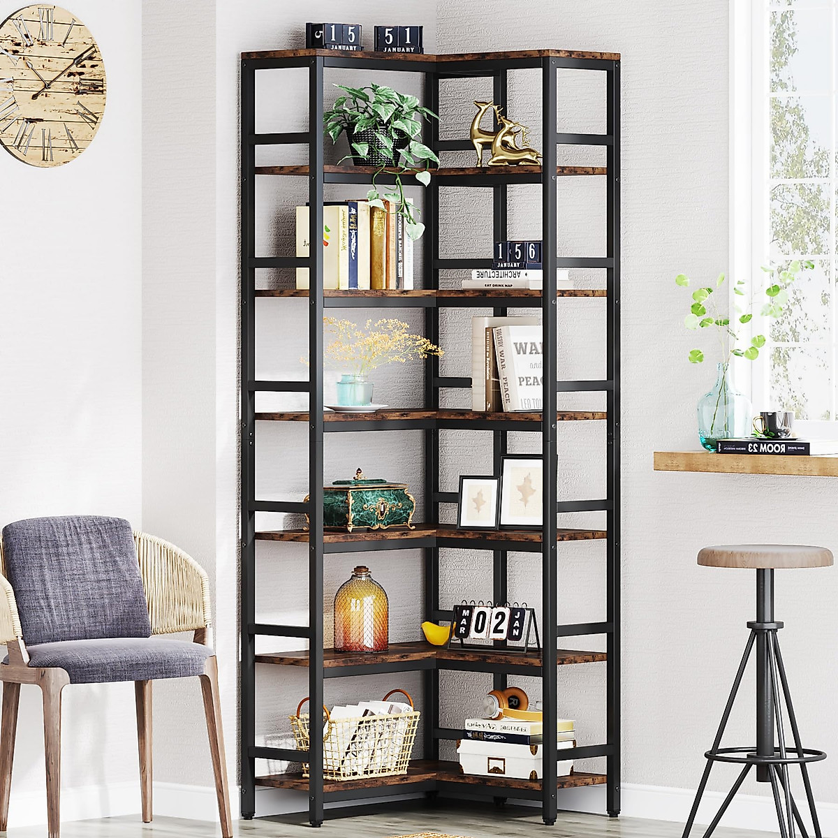 Tribesigns 78.74” Tall Corner Shelf, 7 Tier Industrial Corner Bookcase Storage Display Shelves for Living Room Home Office, Rustic Brown