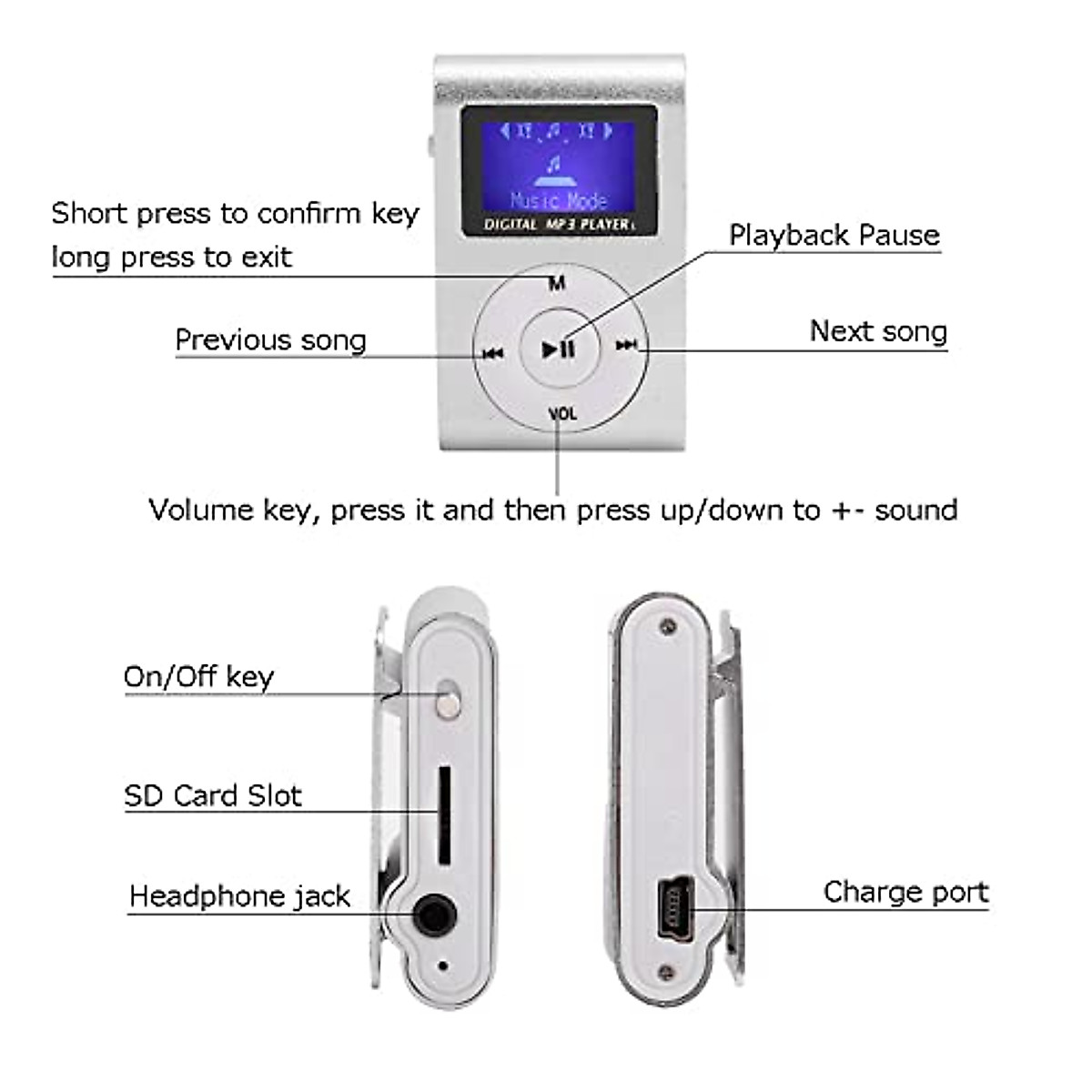 Portable Mini MP3 Music Player, 0.8inch LCD Screen Sports Back Clip MP3 Player Support Memory Card, Mini Digital Music Player for Adult Student(Silver)