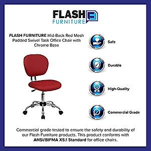 Flash Furniture Beverly Mid-Back Red Mesh Padded Swivel Task Office Chair with Chrome Base