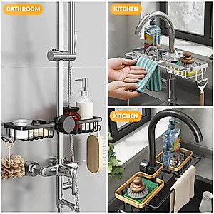 RMENA Faucet Sponge Holder Kitchen Sink Organizer – Sink Sponge Holder Faucet Drain Rack with Sponge and Cleaning Brush – Kitchen Caddy Sink Organizer for Kitchen Sink Accessories, Sponge, Dish Soap