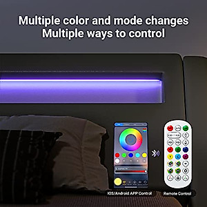 Allewie King Size LED Platform Bed Frame with Adjustable Headboard/No Box Spring Need/Easy Assembly/Faux Leather in Grey