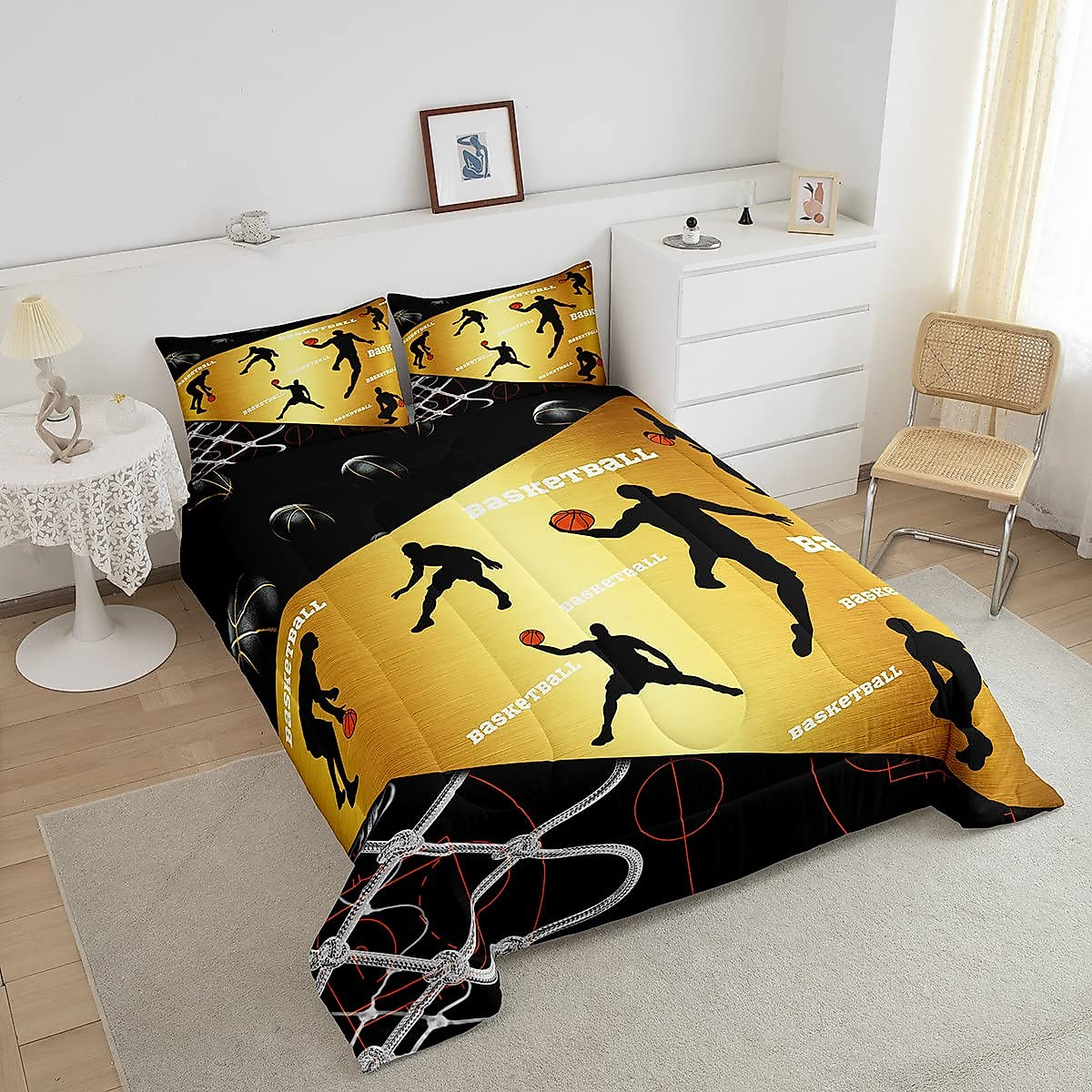 Sports Themed Comforter Sets for Teens Youth,Golden Black Basketball Bedding Sets Kids Gift,Basketball Player Sketch Duvet Insert,Geometric Ball Game Pattern Down Comforter with 2 Pillow Shams,King