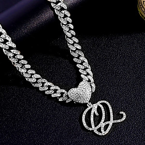 PTJDSMF Cursive Silver Initial Pendant Necklaces Alphabet Pendant Miami Cuban Link Chain Necklace for women Hip Hop Iced Out Letter Chain with Pendant Jewelry … (Cuban Link Chain K)