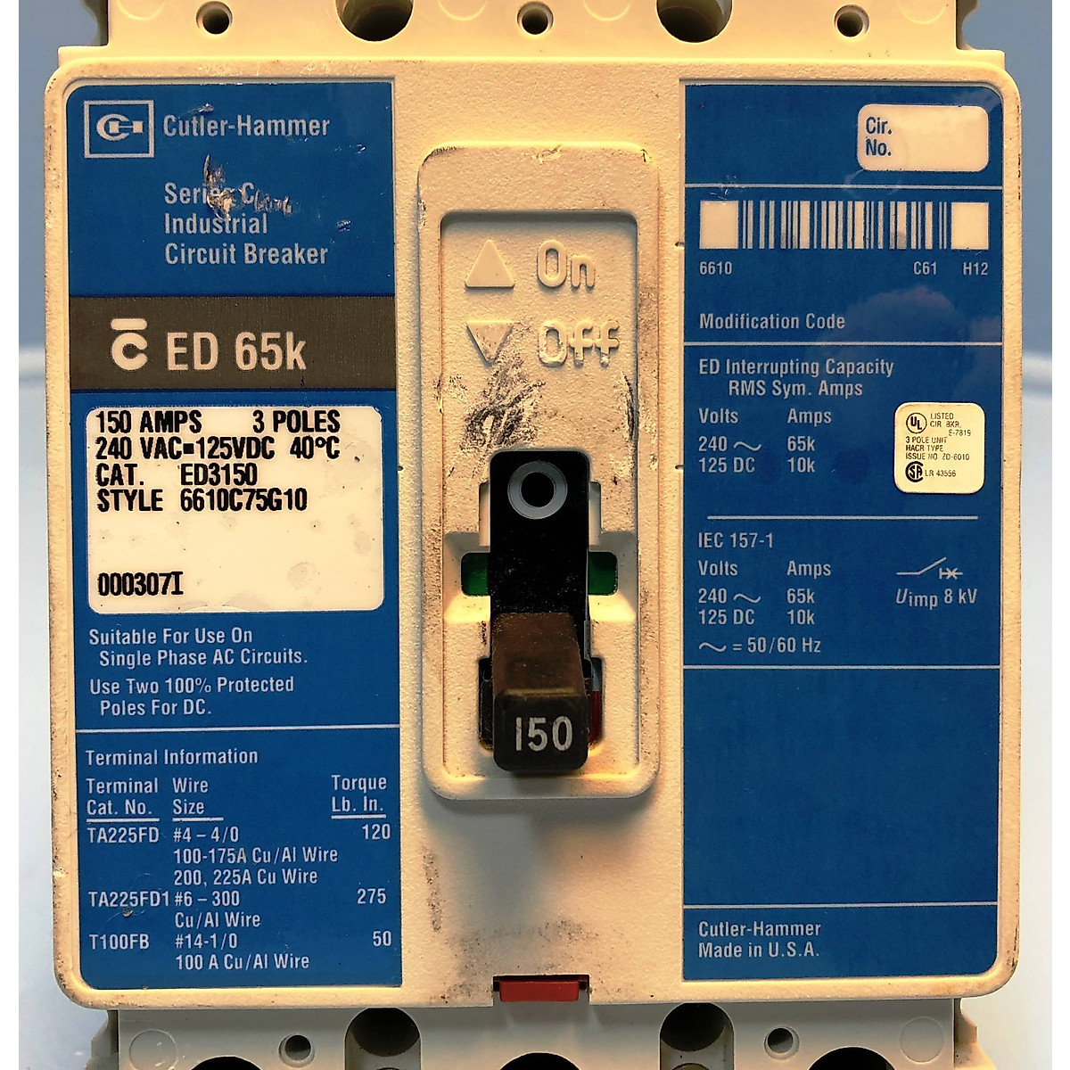CUTLER HAMMER ED3150 240VAC, 3POLE, Circuit Breaker, 150AMP