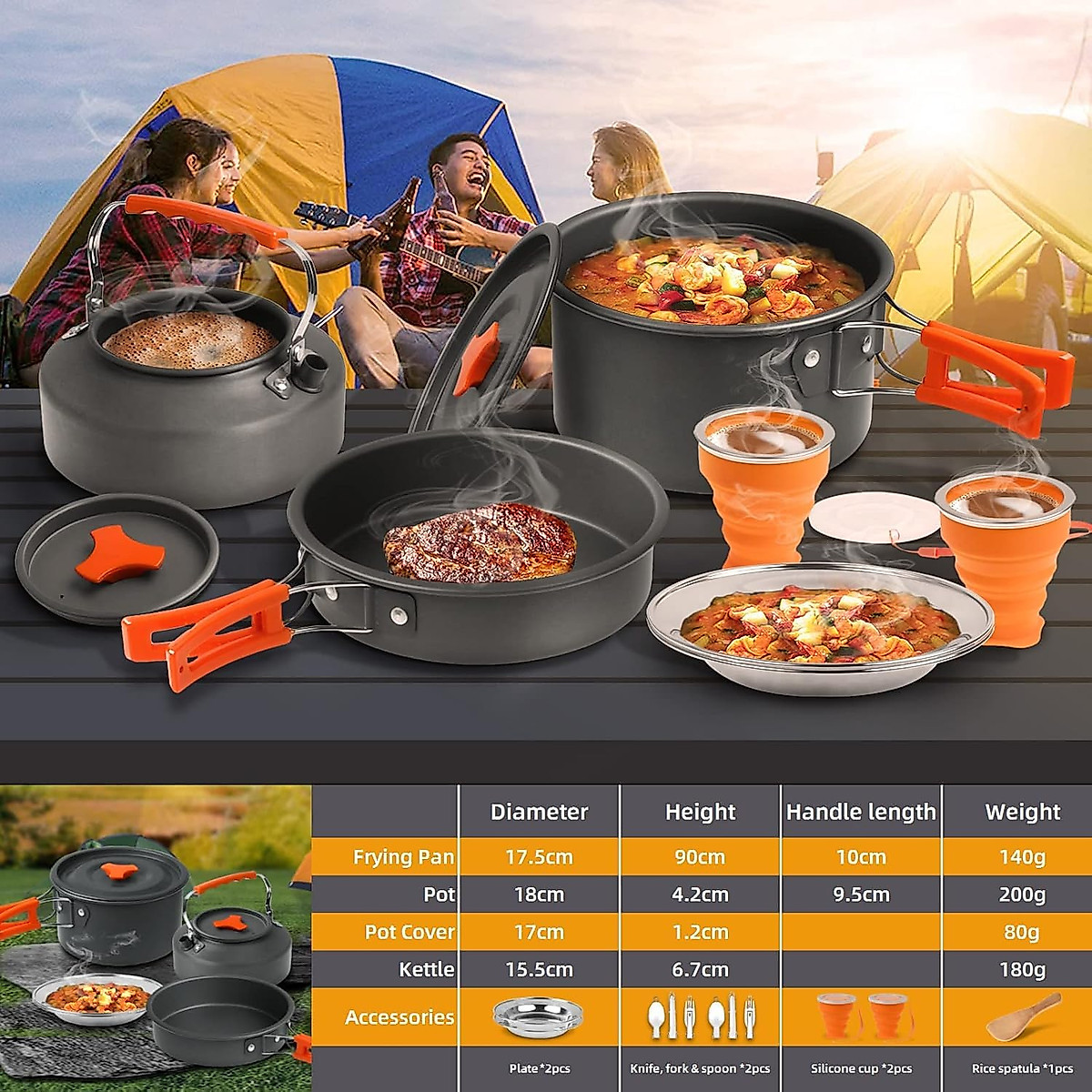 Camping Cooking Set Camping Cookware Outdoor Aluminum Mess Kit with Frying Pan, Pot with Lid, 1.2L Kettle Set and 2 Stainless Steel Plate, 2 Folding Cups and 2 Set Knives Spoons for Backpacking Picnic