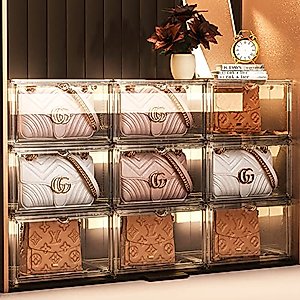 Clear Stackable Purse and Handbag Storage Organizer for Closet, 9 Packs Magnetic Acrylic Double Door Storage Containers- Both Front and Side Open, 360° Fully Transparent Display Case for Bag/Shoes/Book/Collectibles/Toys