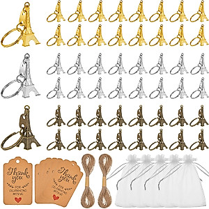 Paris Party Favors, with Eiffel Tower Keychain White Organza Bags Thank You Kraft Tags French Souvenirs Retro Adornment for Paris Theme Party Bridal Wedding(60 Sets)