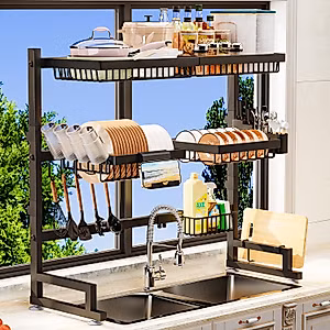 ilvvan Over The Sink Dish Drying Rack 27-36L x 12W x 32.5-37H (inches) (Expandable Height and Length) Snap-On Design 2 Tier Large Dish Rack