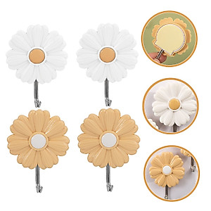 Parliky 4Pcs Decorative Daisy Adhesive Wall Hooks Strongly Adhesive Punch Hangers for Clothes Hats Towels Cute Wall Mounts for Home Decor