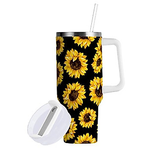 MCHIVER Black Sunflowers 30 oz Tumbler with Handle and Straw Stainless Steel Vacuum Water Bottle Leak-proof Travel Coffee Mug Insulated Water Bottle for Car Home Office