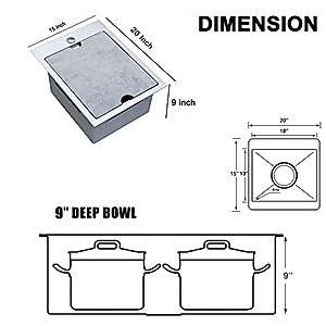 UFaucet 15x20 Drop in Bar Sink Top Mount Stainless Steel Wet Bar Sink 15 Inch Topmount Handmade Modern Commercial Small Kitchen Sink Single Bowl Workstation Prep Sink with Grid&Strainer&Cutting Board