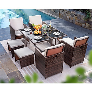 Homall 9 Pieces Dining Outdoor Furniture Patio Wicker Rattan Chairs and Tempered Glass Table Sectional Conversation Set Cushioned with Ottoman (Brown)