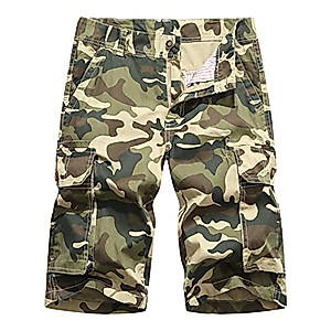 Men Camo Cotton Cargo Shorts Camouflage Outdoor Multi Pockets Short Relaxed Fit Lightweight Military Short Pants (Khaki,32)