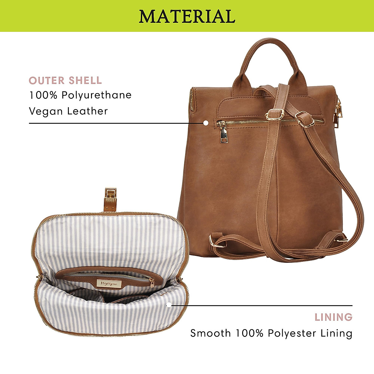 Miztique The Diana Backpack Purse for Women, Flap Over Tote Bag, Soft Vegan Leather - Tan