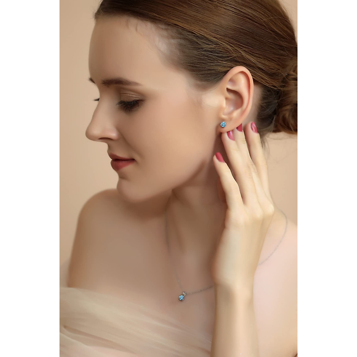 B. BRILLIANT Sterling Silver Solitaire Light Blue European Crystals Necklace & Stud Earrings Jewelry Set for Women | March Birthstone