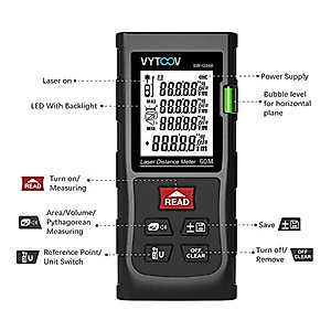 Laser Measure 197ft/60M Laser Distance Meters M/in/Ft Digital Laser Measurement Tool with Bubble Backlight LCD, Mute Mode Pythagorean Mode, Measuring Distance/Area/Volume for Project/Construction