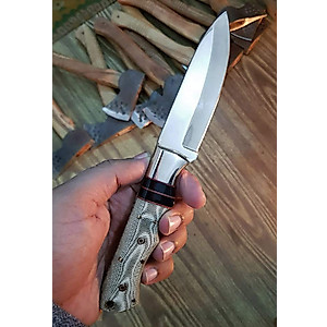 Whole Earth Supply Drop Point D2 Hunting Knife with White & Gray German Micarta Skinning Custom Knives with Leather Sheath