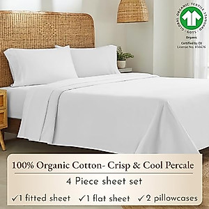 California Design Den 100% Organic Cotton Sheets for Queen Size Bed, Deep Pockets, Percale Sheets Queen, GOTS Certified, Soft Cooling Sheets, 4 Piece Bed Sheets Queen Sheet Set, White Sheets