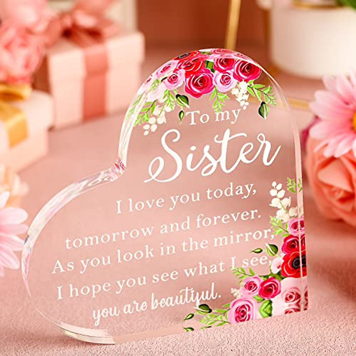 Yulejo Acrylic Heart Sister Gift from Keepsake Paperweight a is God's Way of Making Sure We Never Walk Alone Memory Gifts Table Centerpiece Decor Birthday for Sisters (Blossom, 6 x 6'')