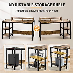Gimars Upgrade 47” Computer Home Office Desk with Monitor Stand, Rustic Writing Desk with Adjustable Shelves & Large Bookshelf, Easy Assembly Gaming Desk, Spacious, Modren Design for Home Office