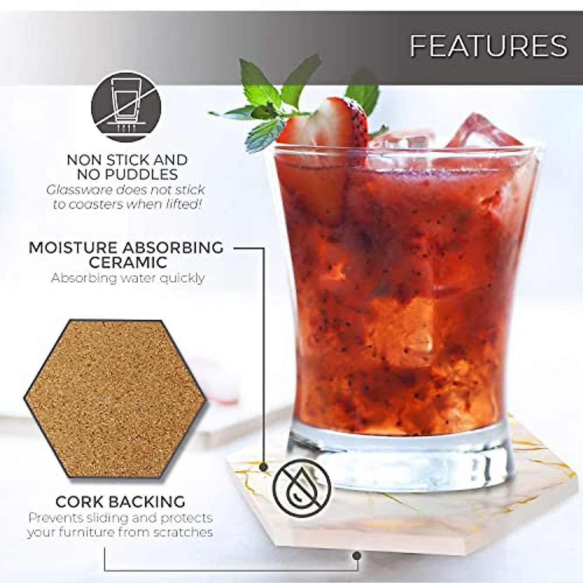 8 PC Coasters for Drinks Absorbent With Holder | Marble Design Ceramic Coaster Set | Super Absorbent Hot and Cold Drink Coasters | Table Coasters With Cork Bottom | Cup Coasters for Living Room + More