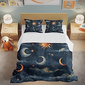 Lokaluo Moon Duvet Cover Queen Size 3D Printed Moon Sun Duvet Cover Set Stars Clouds Cosmic Sun Bedding Set Bedroom Decor 3 Pcs Comforter Cover with 2 Pillowcases