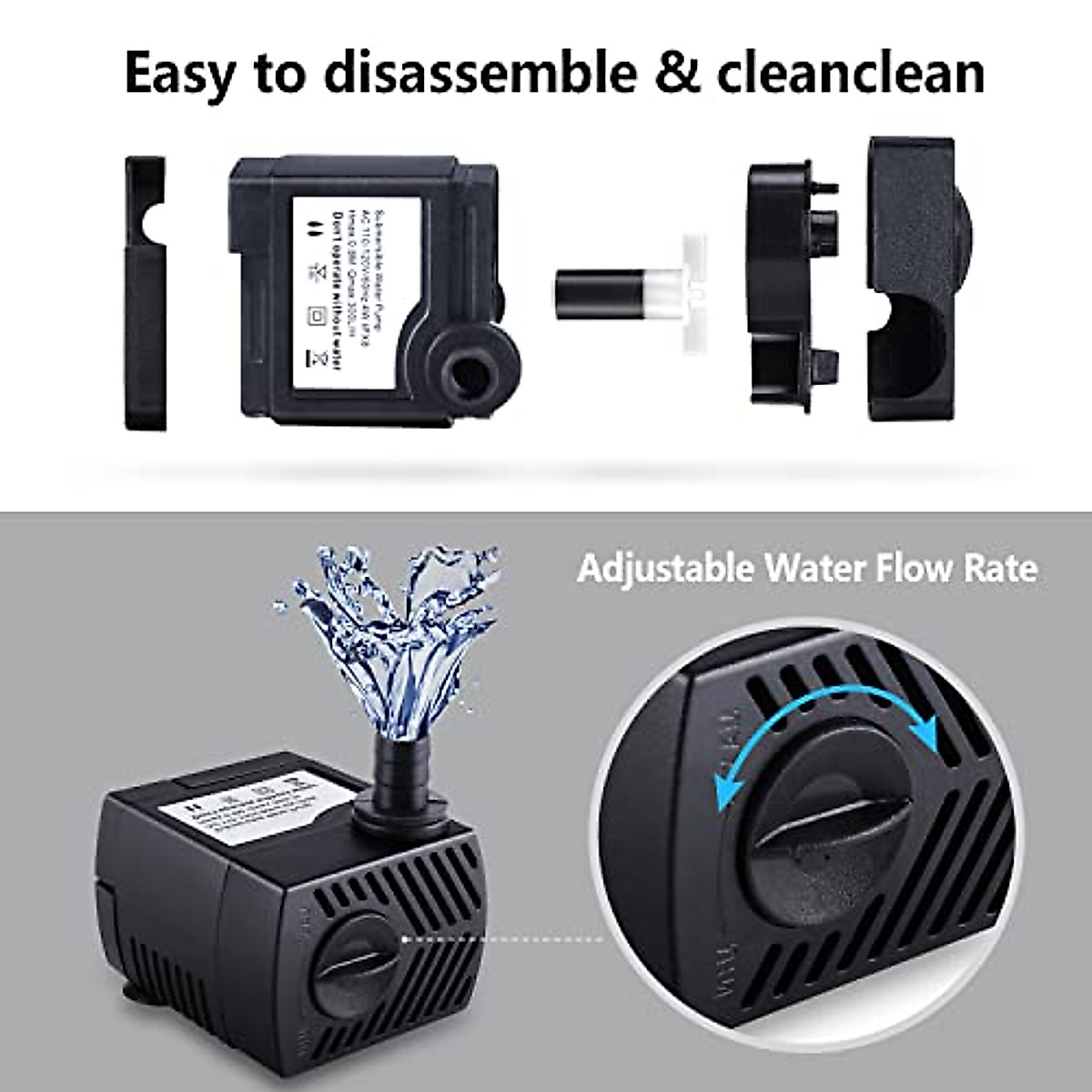 Submersible Fountain Pump 2 Packs 80GPH (4W 300L/H), Quiet Water Pump with 2.6ft High Lift, Fountain Water Pump with 9.8ft（3m）Tubing, 3 Nozzles for Fish Tank, Aquarium, Hydroponics, Statuary, Pond