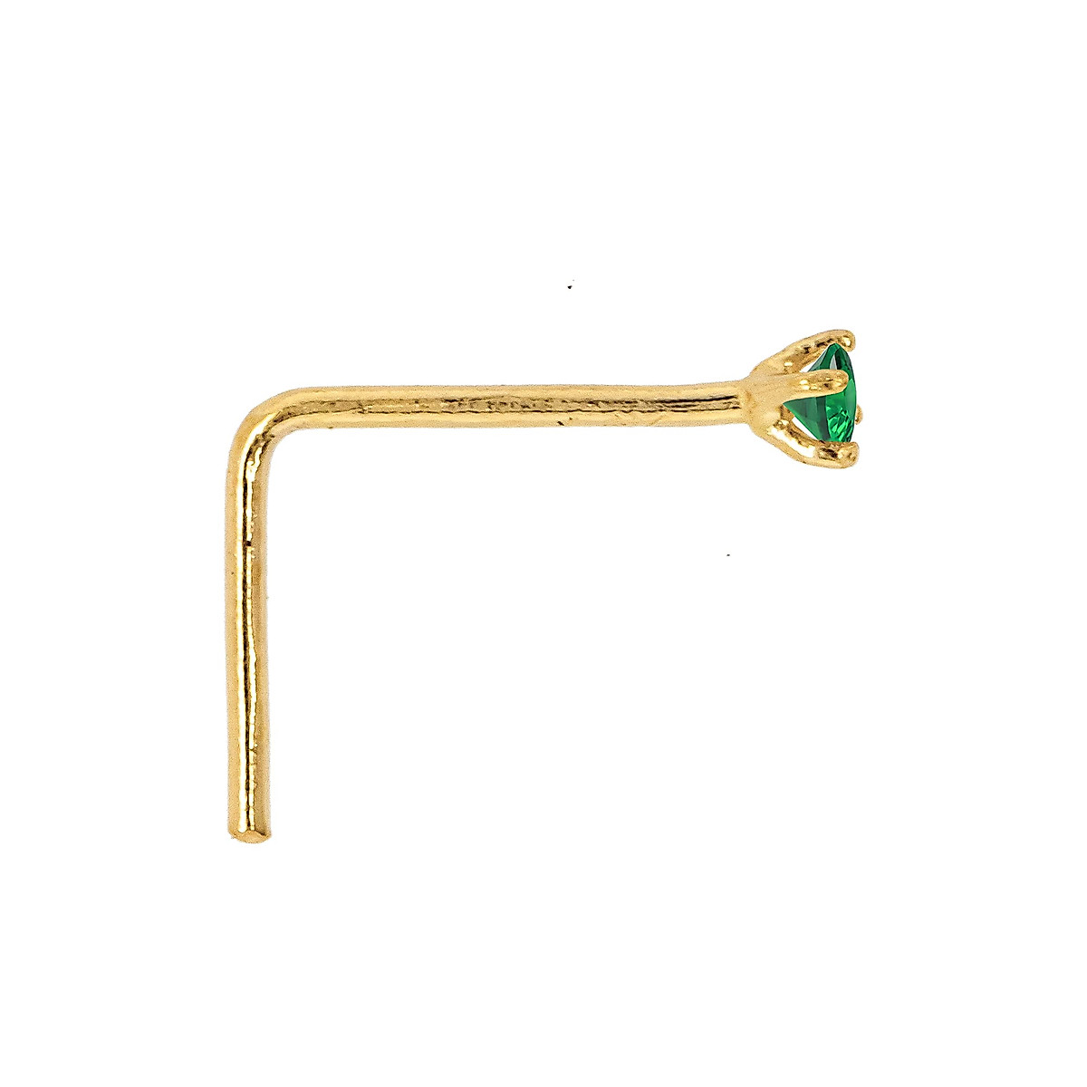 22G Solid 14Kt Gold L-Shape Nose Stud with real Emerald Gemstone, 14kt Yellow Gold or 14kt White Gold Prong Setting - May Birthstone Nose Ring-LSYG_ED-1.5MM