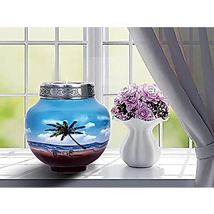 hlc Beach Urn Blue Palm Tree Design Cremation Urns for Human Ashes Medium Funeral Urn - Modern Beautiful Memorial Urn 6 x 5