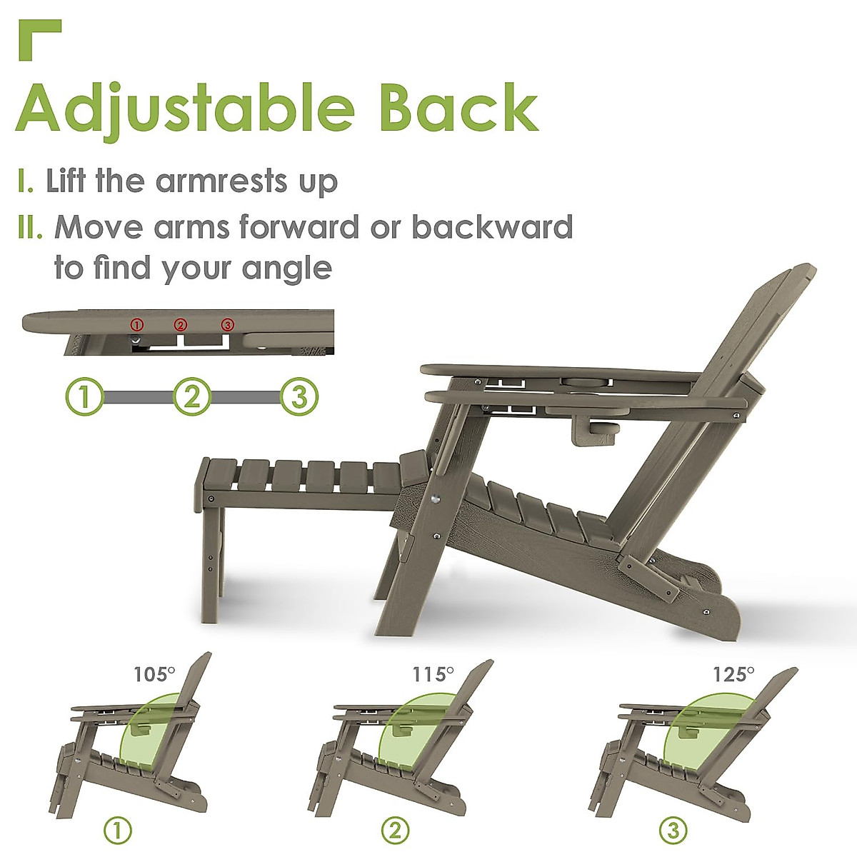 GREENVINES Folding Adjustable Backrest Adirondack Chairs with Ottoman | Set of 2 | Wood Grain | HDPE All-Weather Reclining Firepit Chair | Cup Holders & Footrest | Grey