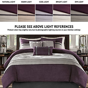 Madison Park Palmer Comforter Set - Faux Suede Design, Striped Accent, All Season Down Alternative Bedding, Matching Shams, Decorative Pillow, Bed Skirt, King (104 in x 92 in), Purple 7 Piece