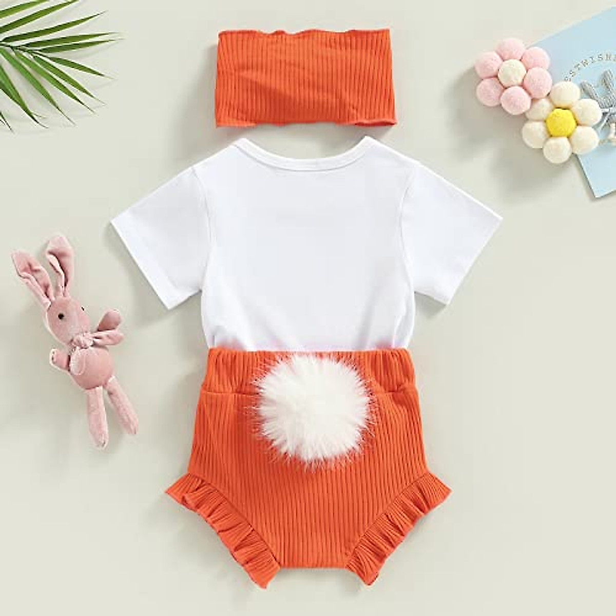 FIOMVA 3Pcs Easter Outfit Baby Girl Short Sleeve Hunny Bunny Romper Bodysuit Rabbit Shorts Headband My 1st Easter Clothes with tail