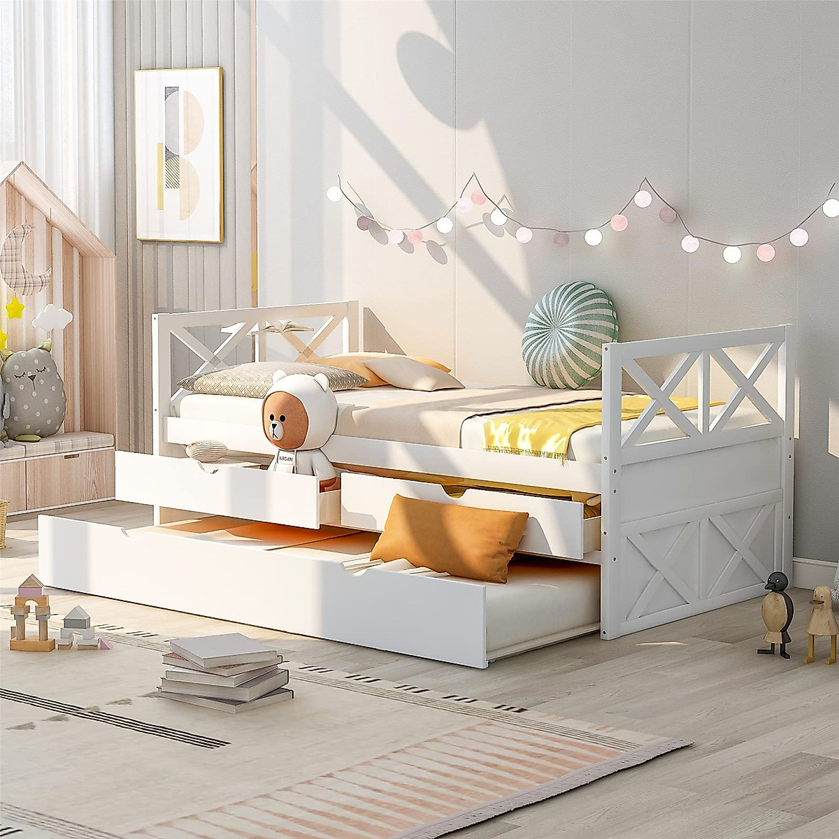 Twin Captain’s Bed, Wood Storage Daybed with Trundle and Drawers, Wooden Platform Bed with Storage for Kids Teens and Adults, White