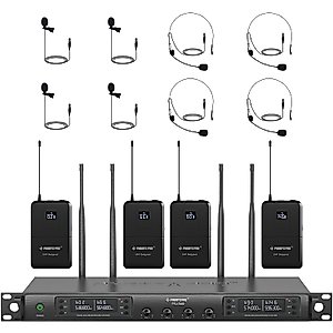 Phenyx Pro Wireless Microphone System, UHF 4-Channel Wireless Mic Set w/ 4 Bodypacks and Headsets/Lapel Mics, 4x40 Frequencies, Auto Scan,328ft Coverage, Mic for Singing, DJ, Church(PTU-7000-4B)