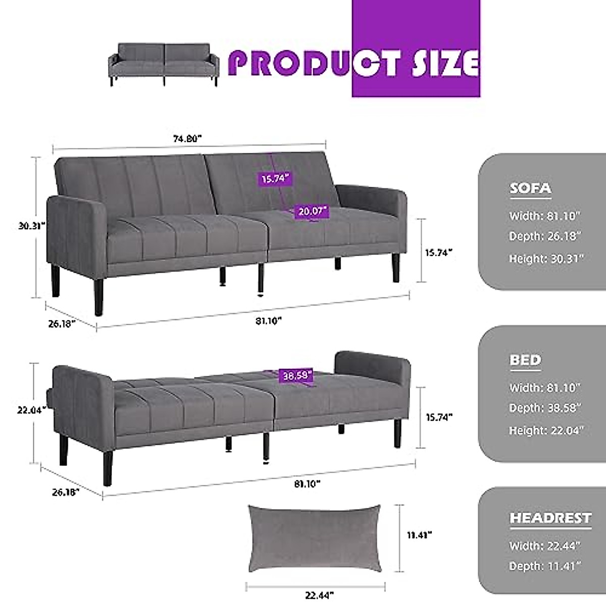 TYBOATLE 82” Modern Upholstered Convertible Folding Futon Sofa Bed, Sleeper Bed Couch w/USB Charging Ports and Pillows, Tufted 3 Seat Loveseat Sofas for Living Room, Apartment, Bedroom (Grey)