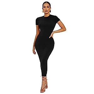 Verdusa Women's Round Neck Cap Sleeve Solid Long Pencil Bodycon Dress Black S