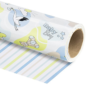 WRAPAHOLIC Reversible Wrapping Paper - 24 inch X 65.6 feet Jumbo Roll Baby Boy Design, Perfect for Kids Birthday, Party, Holiday, Baby Shower Packing