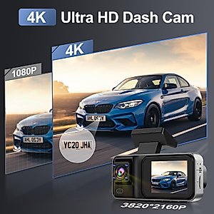 3 Channel 4K Dash Cam, Dash Camera for Cars with 64GB SD Card, 4K+1080P+1440P Dash Cam Front and Rear Inside, Super Night Vision, Loop Recording, G-Sensor, Motion Detection, 24 Hours Parking Mode