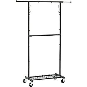 Gewudraw Clothing Garment Rack, Extendable Clothes Rack with Wheels, Bottom Shelves and Hooks, Double Rod Garment Rack Portable Closet Organizer, 64.4 inches