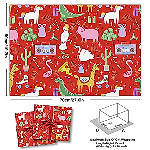 Birthday Gift Wrapping Paper Christmas for Kids Girls Boys 4 Sheets,28 x 20 Inch Per Sheet, Animal Xmas Pattern Folded Flat Red Gift Wrap for 1st Birthday Party Baby Shower Holiday Kindergarten and More