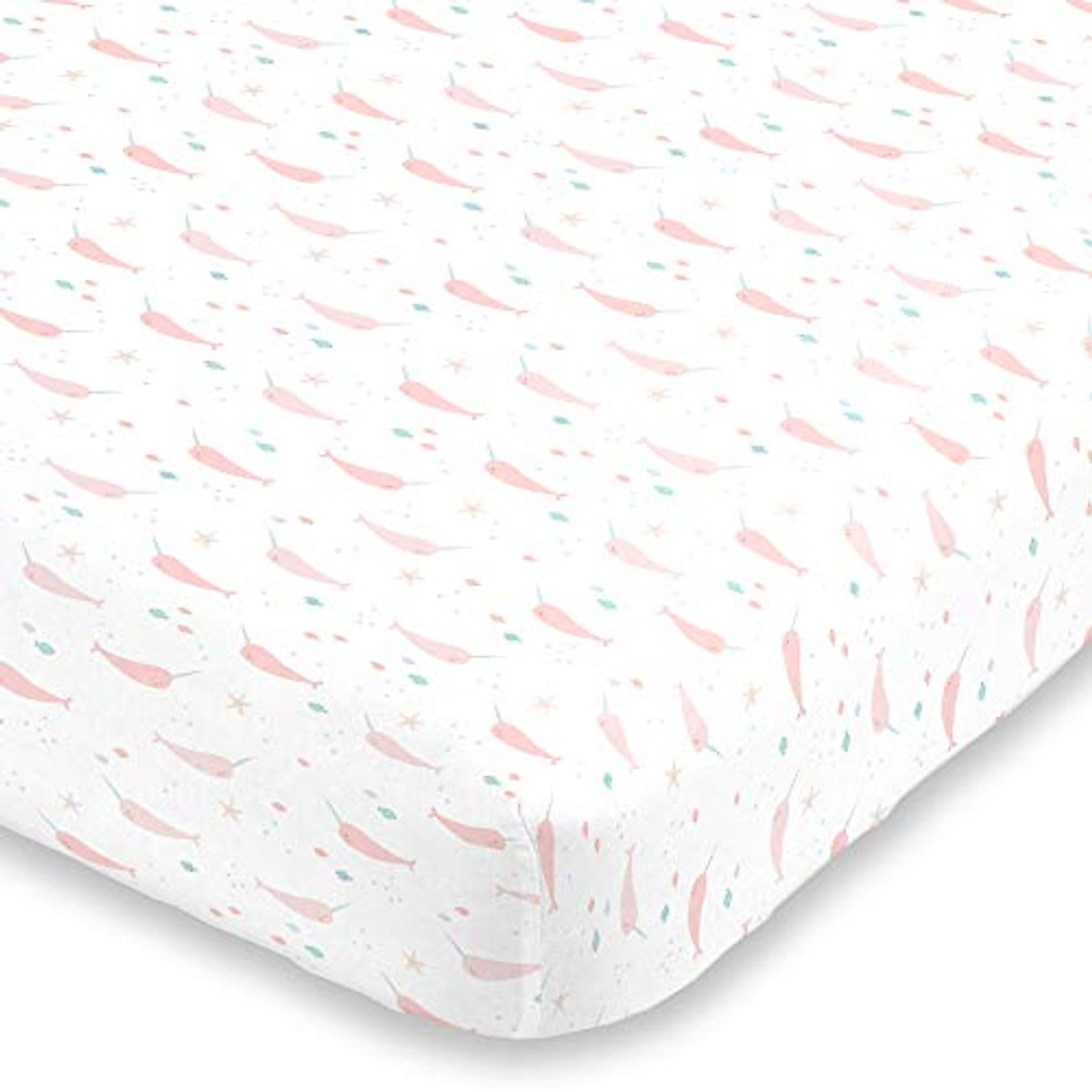 NoJo Under The Sea Whimsy Pink and Blue Whales and Narwhals 4 Piece Crib Bedding Set - Comforter, Fitted Crib Sheet, Dust Ruffle and Storage Bin