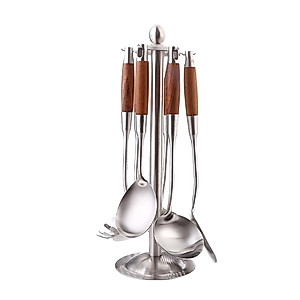 Kitchen Utensil Set, 6 Piece Stainless Steel Cooking Utensils with Rotating Holder Organizer, Kitchen Tools Slotted Spoon, Slotted Spatula, Large Spoon, Soup Ladle, Spatula, Pasta Server