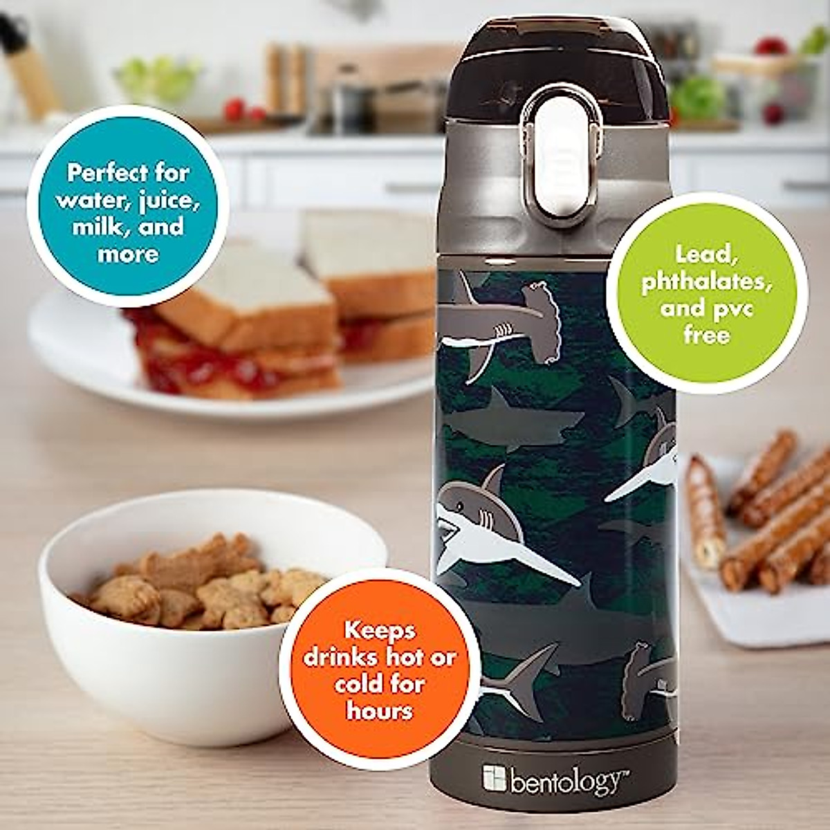Bentology Stainless Steel 13 oz Shark Insulated Water Bottle for Boys - Easy to Use for Kids - Reusable Spill Proof BPA-Free, Fits in Most Lunch Boxes & Bags, Use for Summer Camp, Back to School