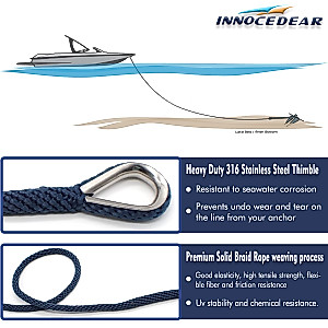 INNOCEDEAR Anchor Rope Braided Anchor Line(Navy, 3/8" x 100') Premium Solid Braid MFP Boat Rope with Stainless Steel Thimble, Quality Marine Rope, Boat Accessories