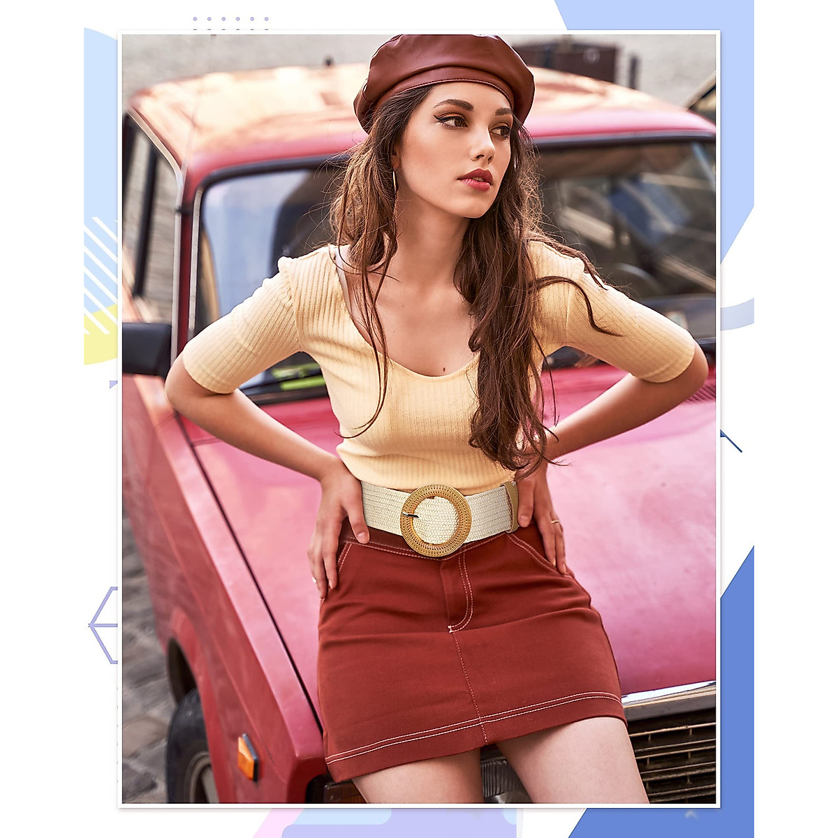 WILLBOND 4 Pcs Straw Woven Belt Elastic Stretch Rattan Buckle Waist Belt Women Skinny Raffia Dress Waist Band(Retro Color,Large)