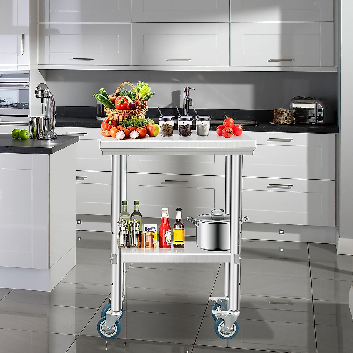 SGOLAN Stainless Steel Table with Wheels,24×12×32 Incn prep Table with 4 Casters,Heavy Duty Food Prep Worktable for Commercial Kitchen Restaurant Business